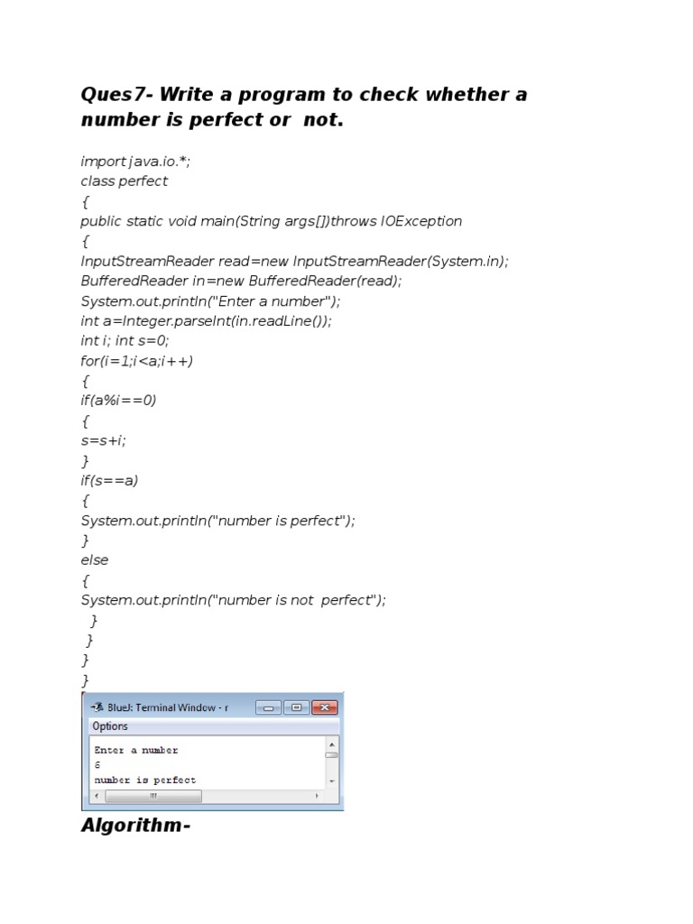 Ques7 Write A Program To Check Whether A Number Is Perfect Or Not Pdf Control Flow Integer