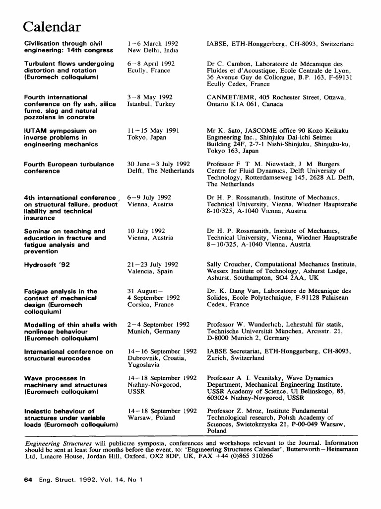 Calendar: Engineering Structures | PDF | Applied And Interdisciplinary ...