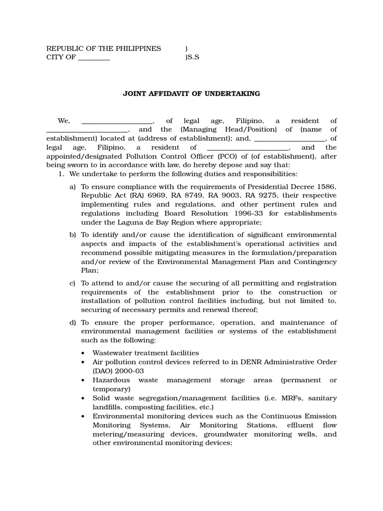 Affidavit of Joint Undertaking of the PCO | Environmental Monitoring ...