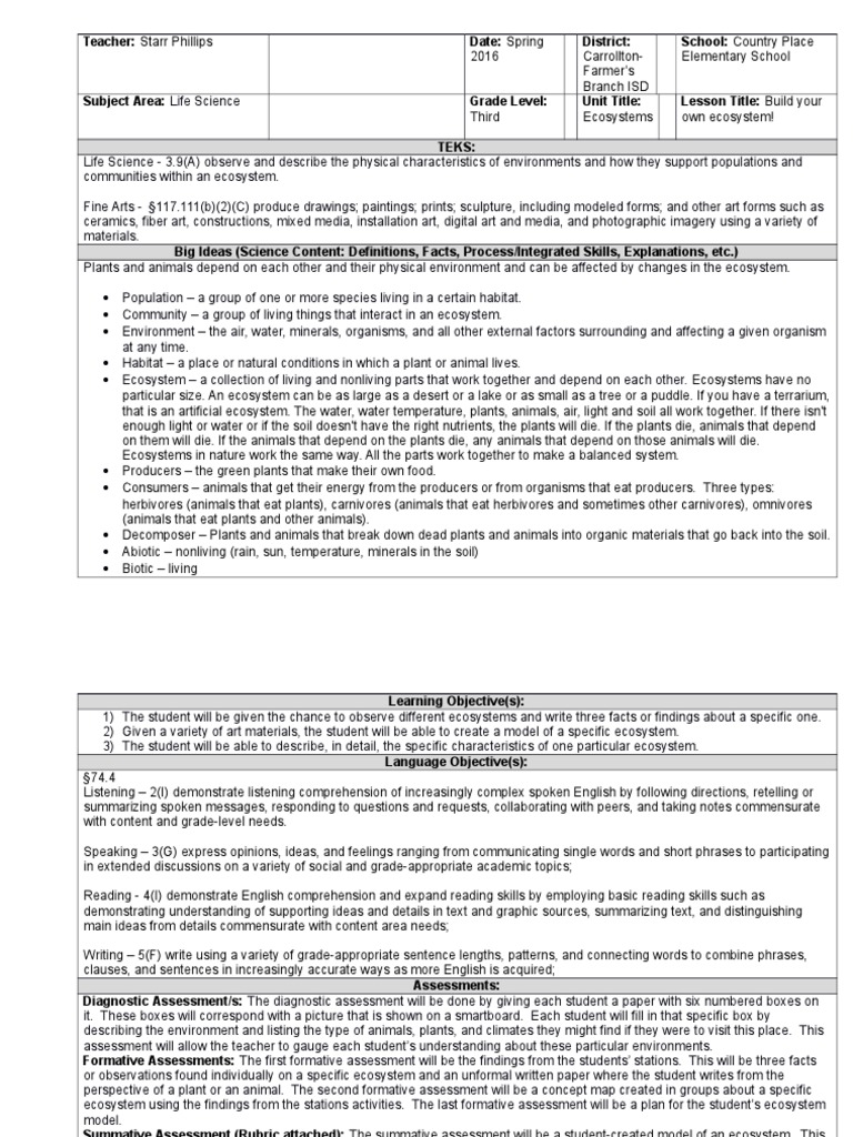 Phillipsstarr Lifesciencelessonplan | PDF | Educational Assessment ...