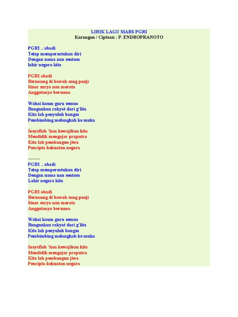 Lirik Lagu Mars Pgri | PDF