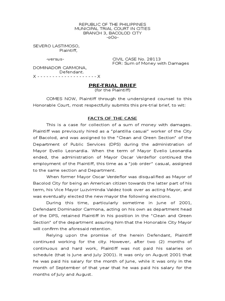 Pre Trial Brief | Brief (Law) | Lawsuit