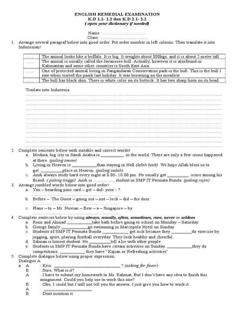 (Open Your Dictionary If Needed) : English Remedial Examination K.D 1.1 ...