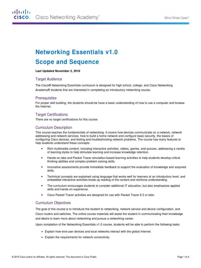 Networking Essentials v1.0 Scope and Sequence: Target Audience | PDF