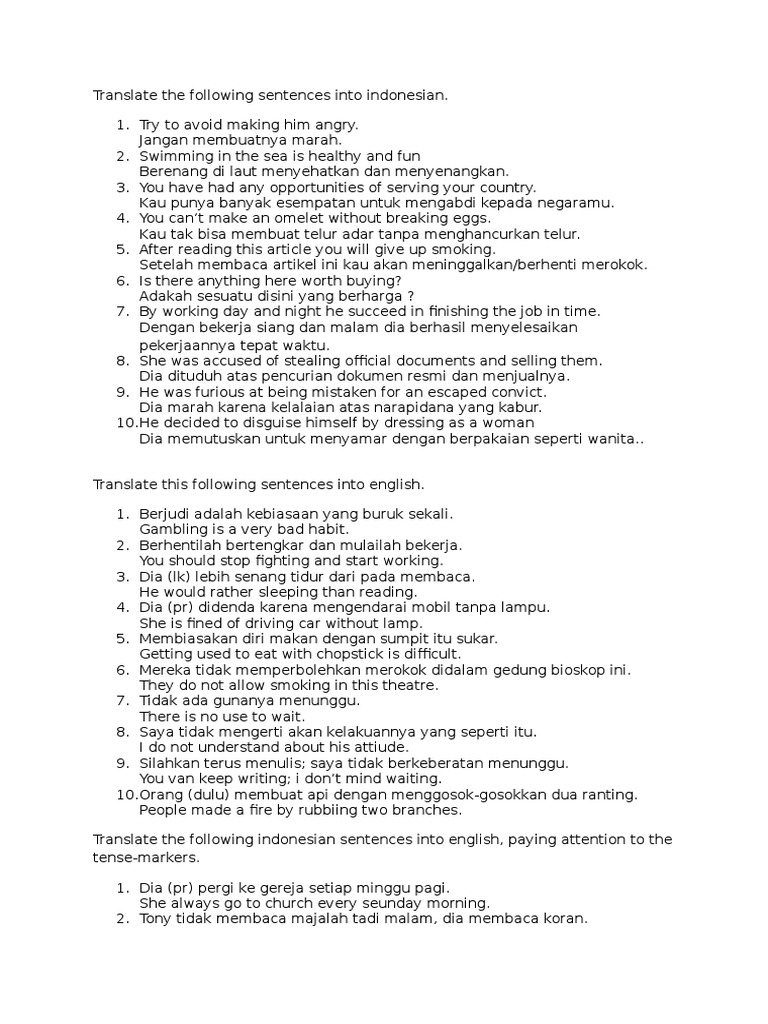 Translate The Following Sentences Into Indonesian | PDF