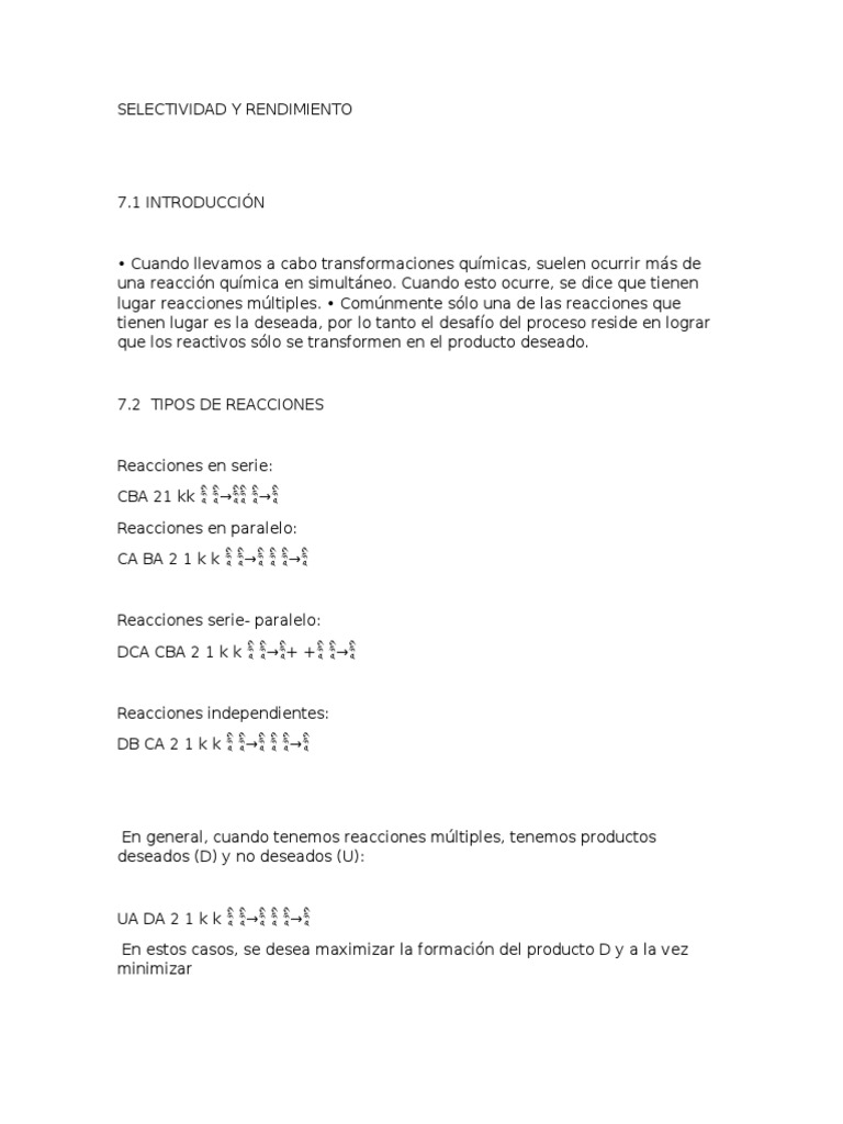 Selectividad y Rendimiento | PDF | Velocidad de reacción | Reacciones químicas