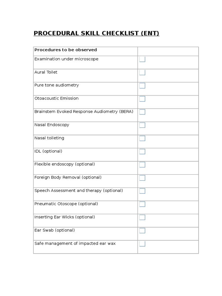 ENT Procedural Skills Checklist | PDF | Wellness | Science & Mathematics