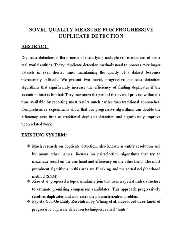 Novel Quality Measure For Progressive Duplicate Detection Pdf Algorithms Computer Engineering