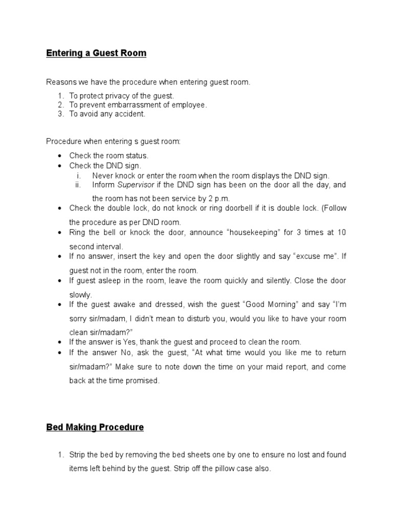 Bed Making Procedure | PDF | Bed | Bedding