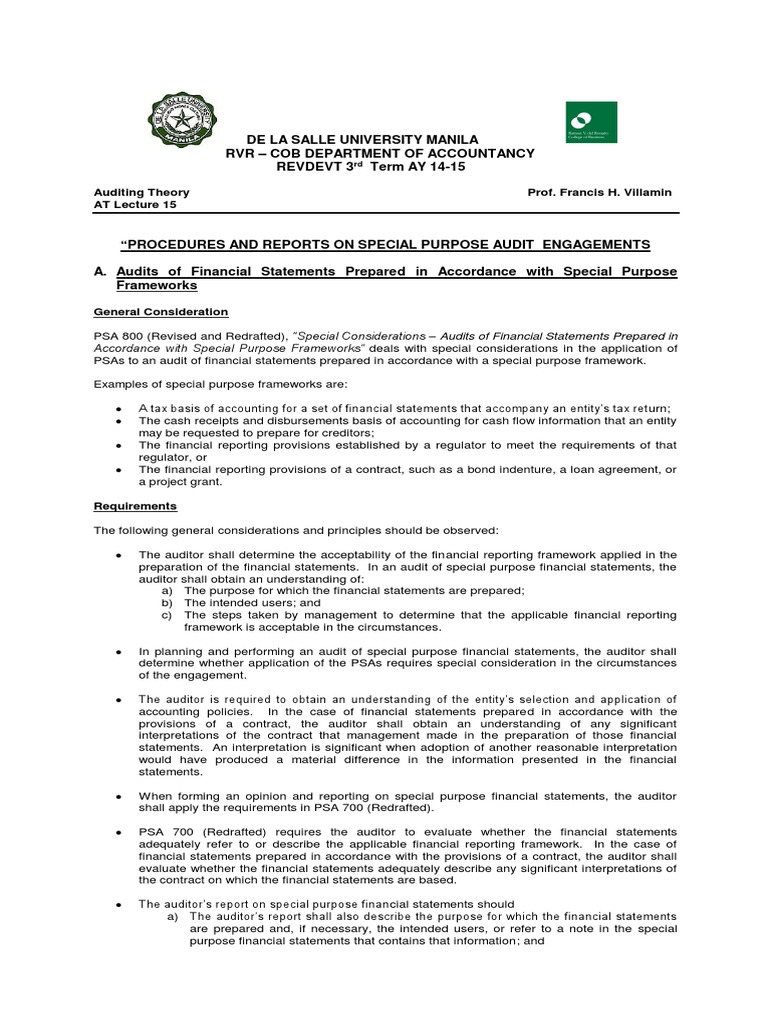 Lecture 15 - Procedures and Reports On SPE | PDF | Auditor's Report ...