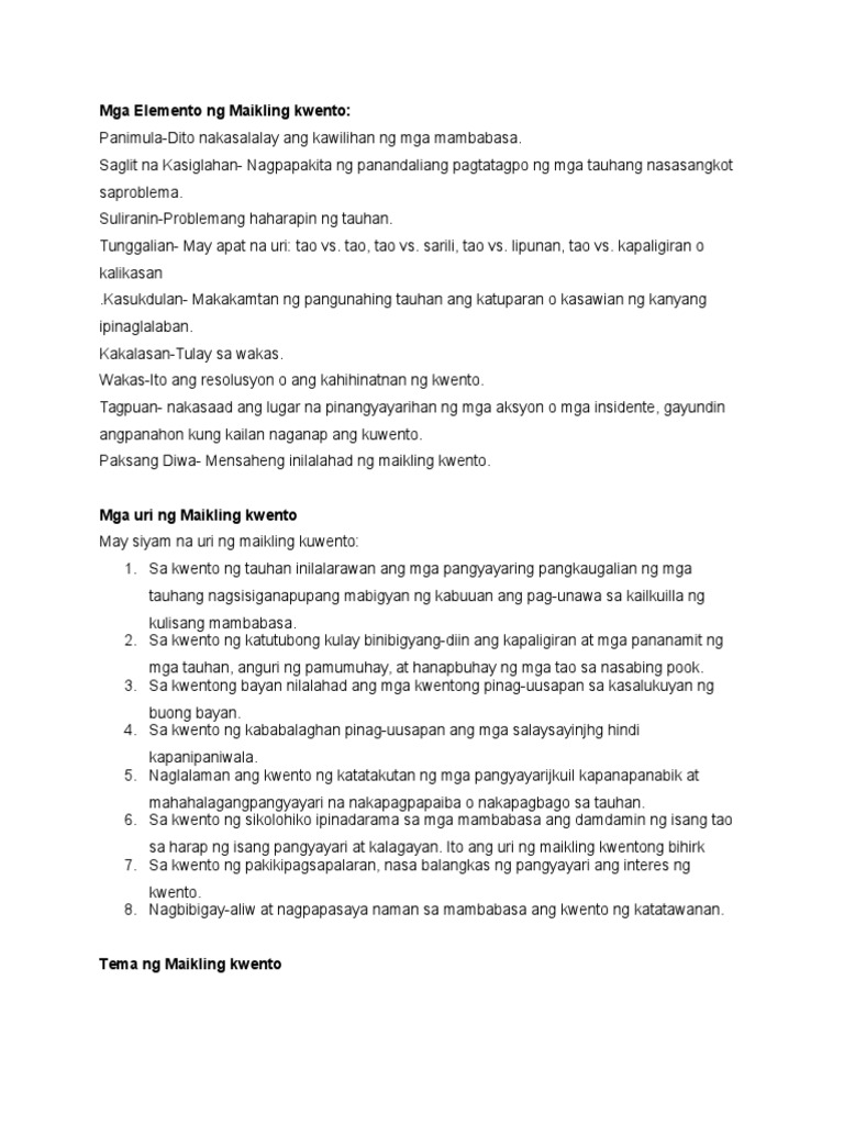 Mga Elemento NG Maikling Kwento | PDF