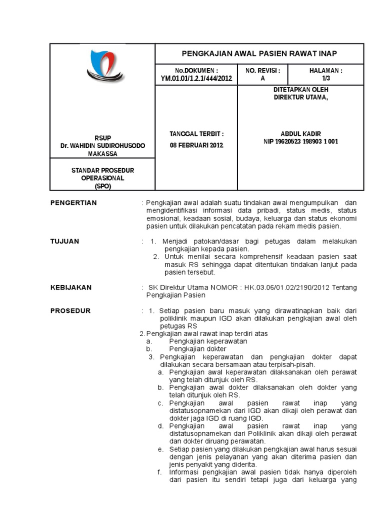 SOP Pengkajian Awal Pasien Rawat Inap