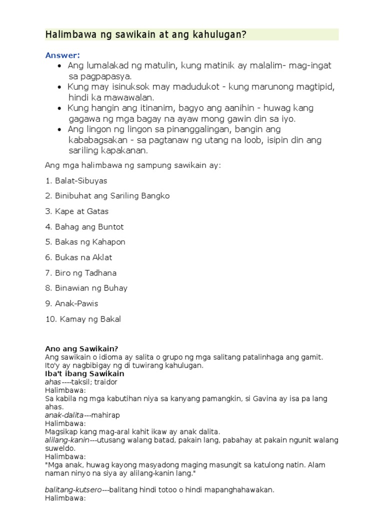 Halimbawa NG Sawikain at Ang Kahulugan | PDF
