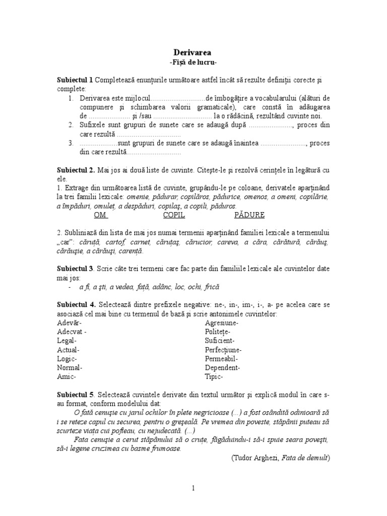 Derivarea - Fisa de Lucru | PDF