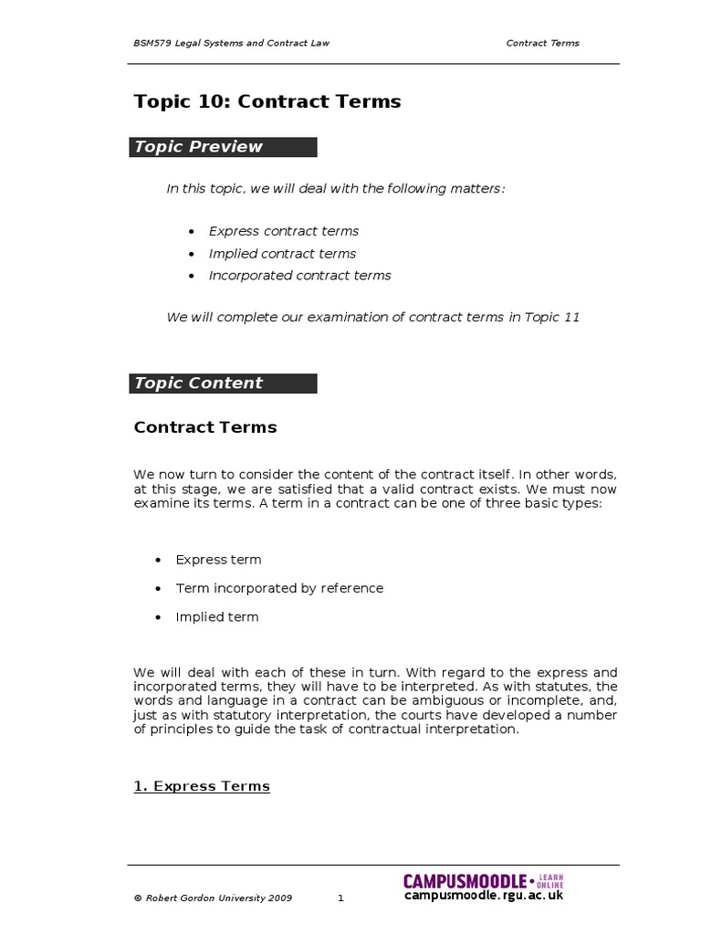 Topic 10 - Contract Terms | PDF | Contractual Term | Comparative Law