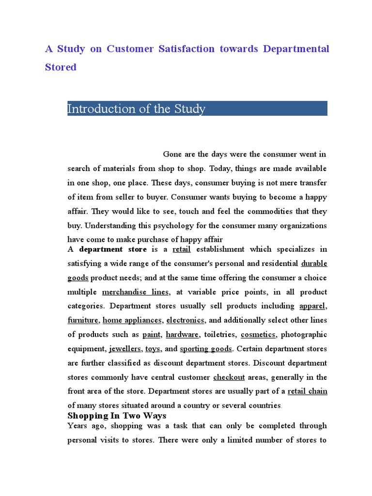 Introduction of The Study: A Study On Customer Satisfaction Towards Departmental Stored | PDF