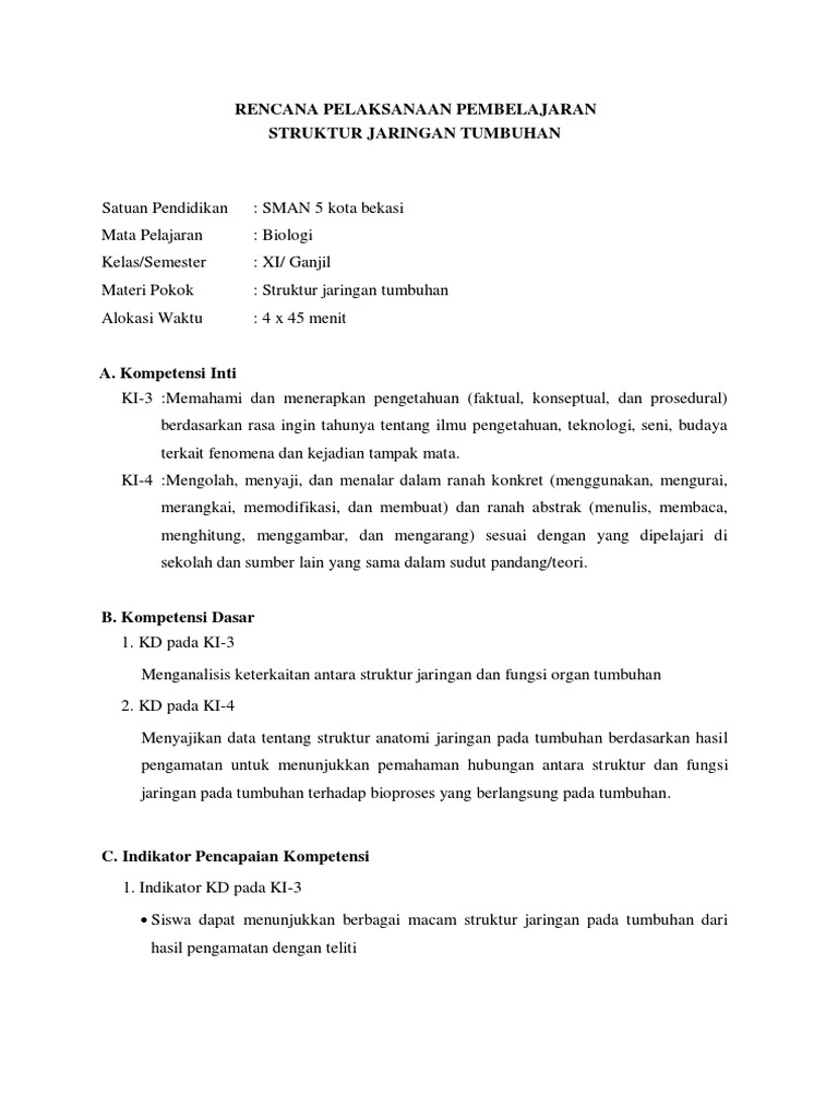 RPP Jaringan Tumbuhan | PDF | Sains & Matematika