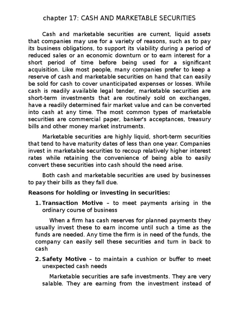 Cash and Marketable Securities | PDF | Cheque | Securities (Finance)
