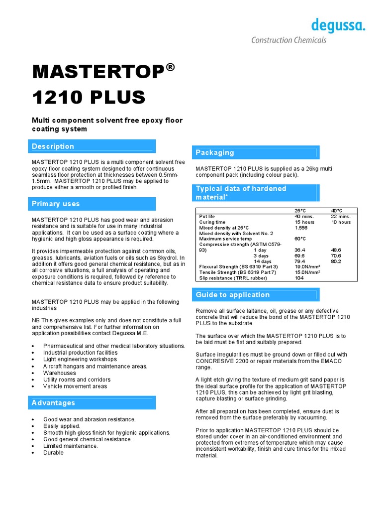TDS - Mastertop 1210 Plus | PDF | Wear | Epoxy