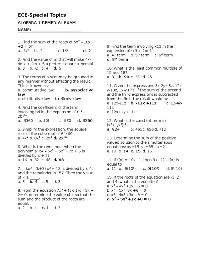 Algebra1 - Exam - Answer | PDF