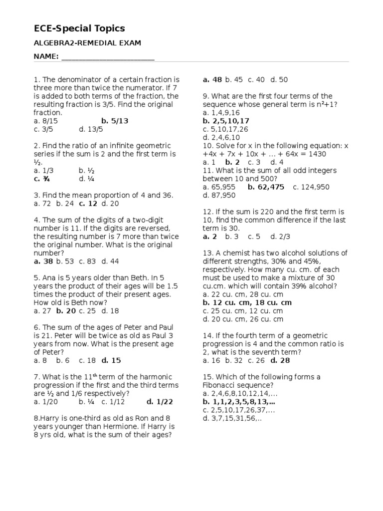 Algebra2 - Exam - Answer | PDF | Fraction (Mathematics) | Ratio