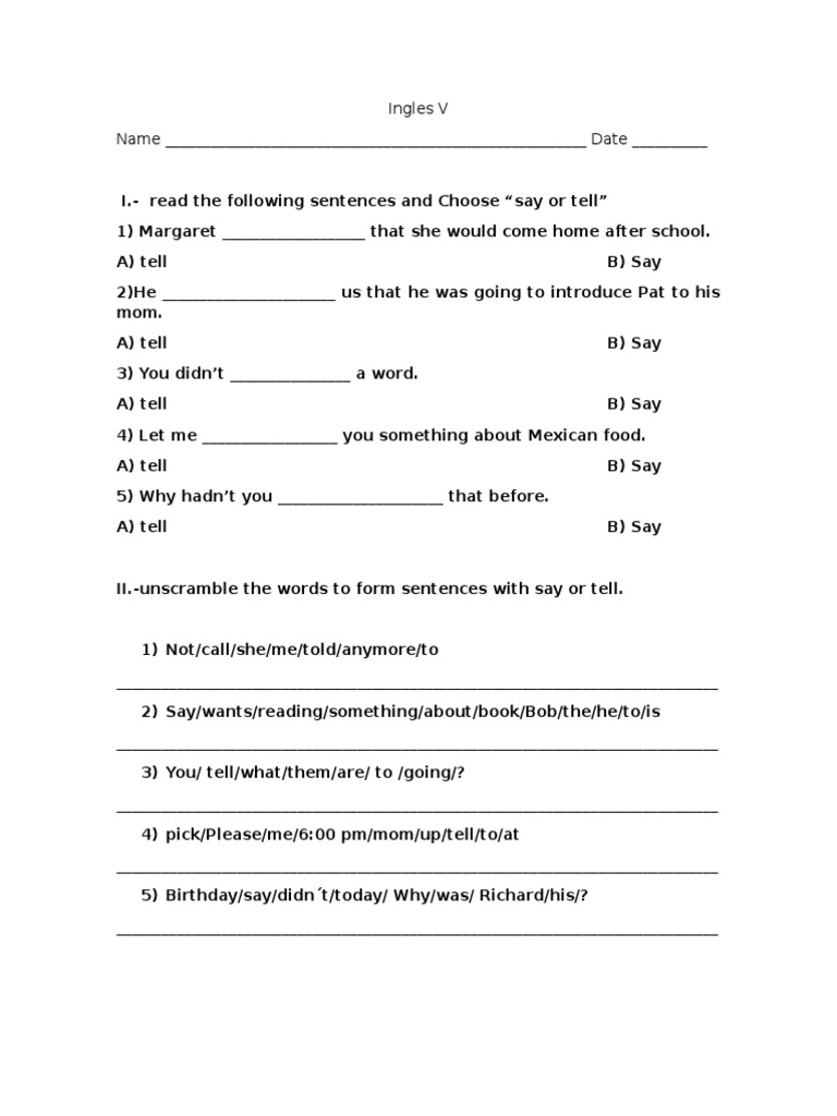 Using Say and Tell: An English Grammar Exercise | PDF