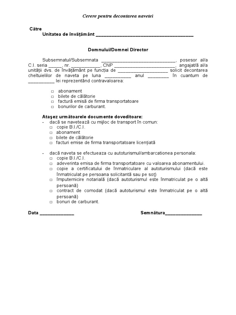 Model - Cerere Decontare Naveta