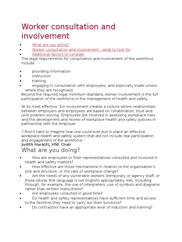 Worker Consultation and Involvement | PDF | Occupational Safety And ...