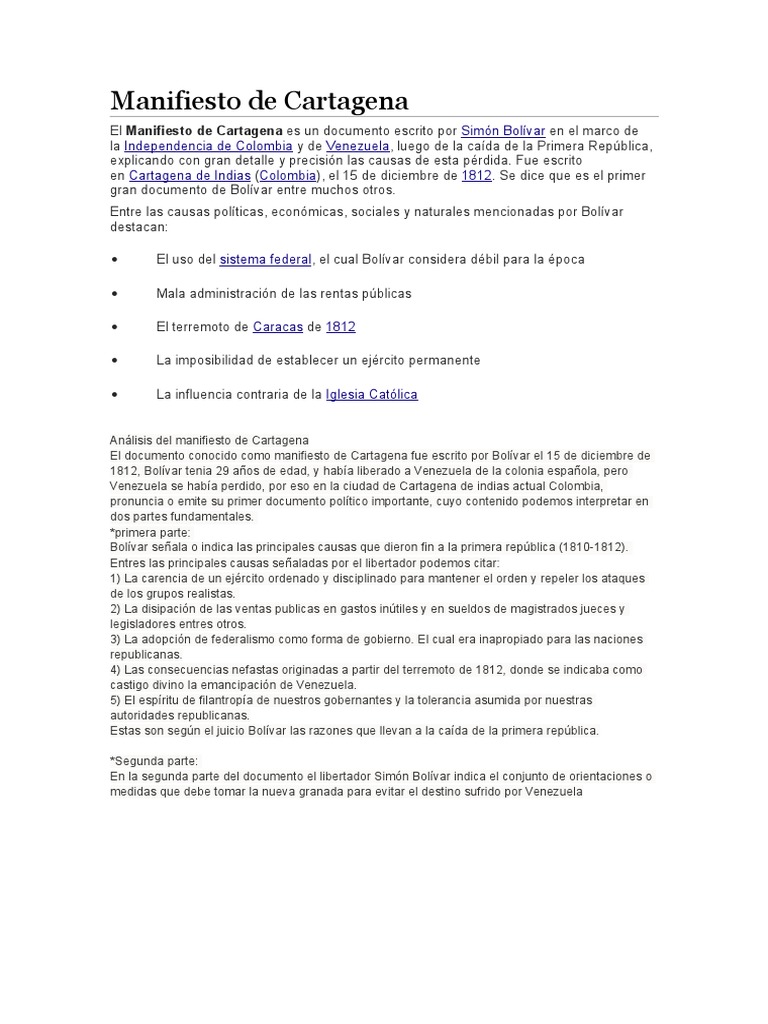 Manifiesto de Cartagena | Venezuela | República