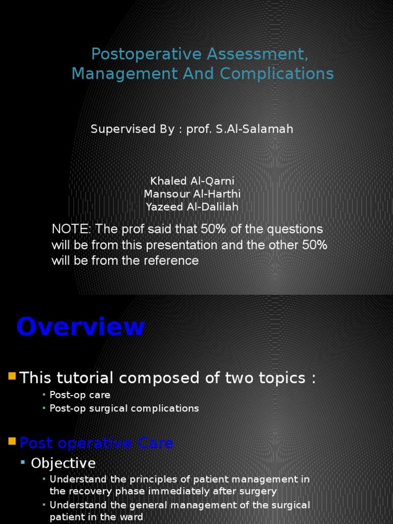 Postoperative Care and Complications Guide | PDF | Anesthesia | Surgery