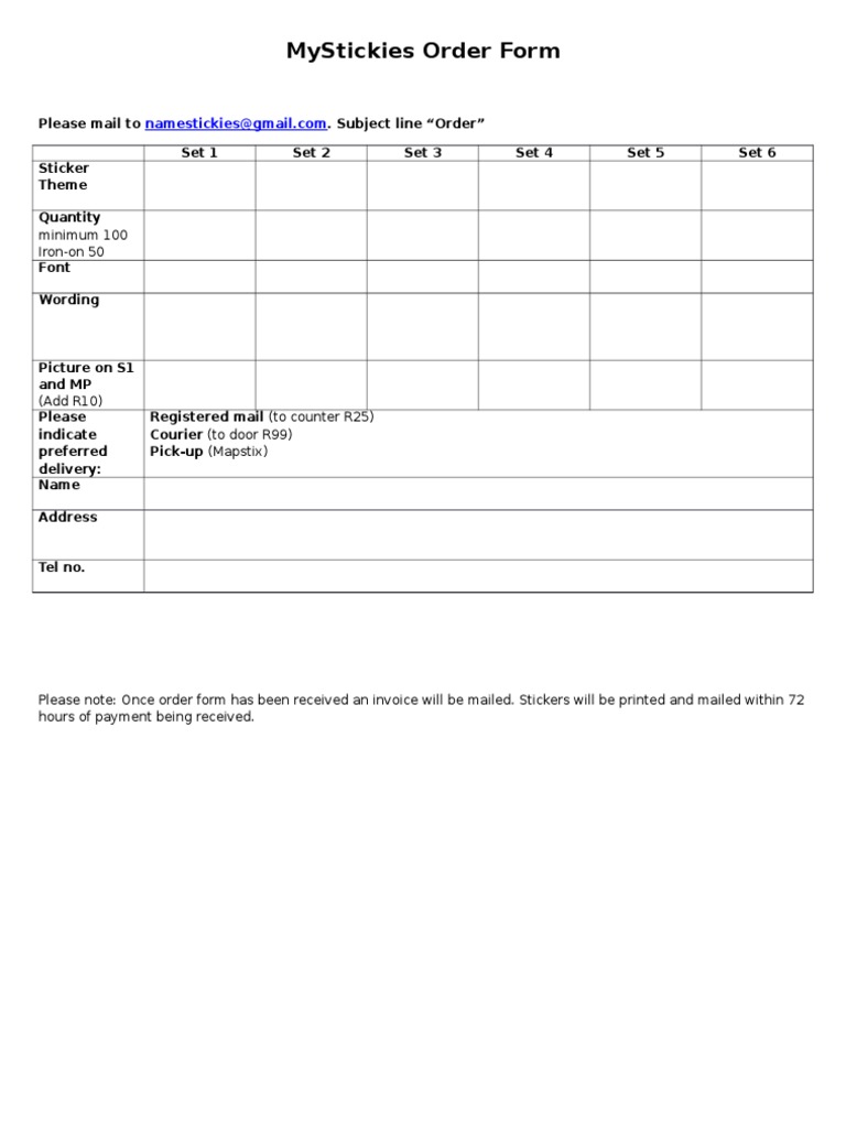 Mystickies Order Form: Minimum 100 Iron-On 50 | PDF