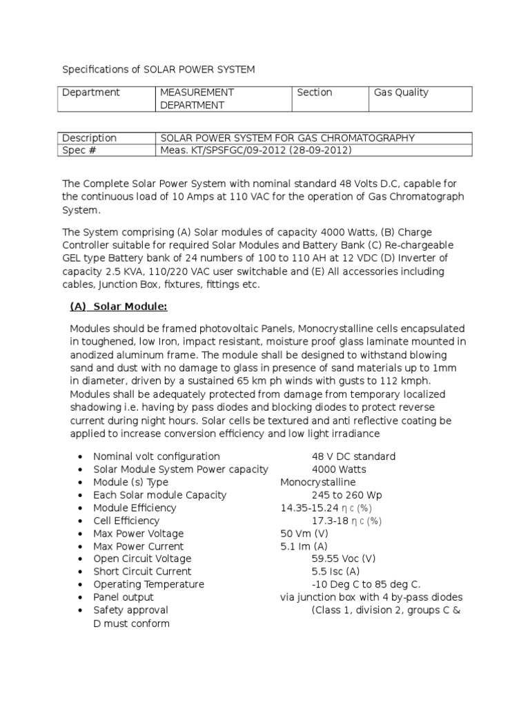 Specifications of Solar Power System | PDF | Photovoltaic System ...