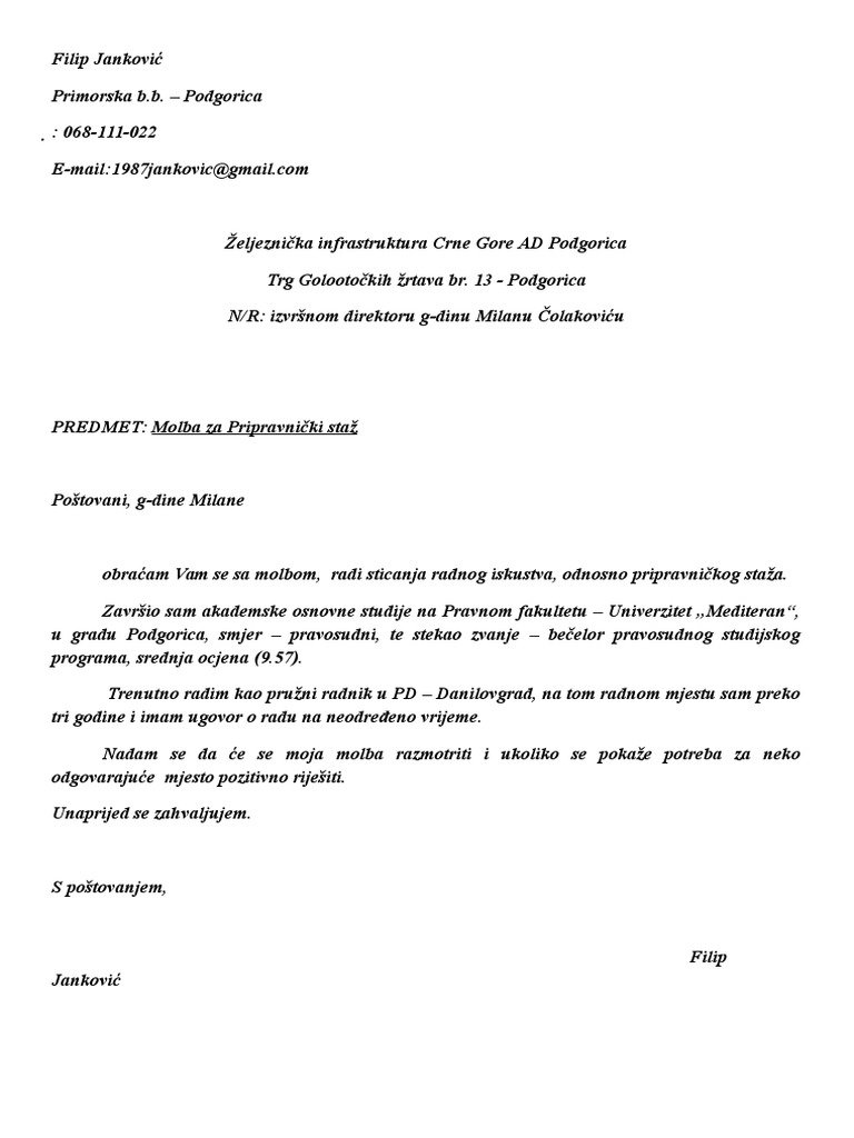 Molba Za Pripravnički Staž