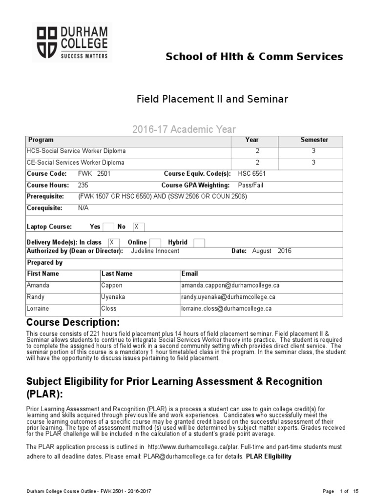 Field Placement Outline | PDF | Evaluation | Homework