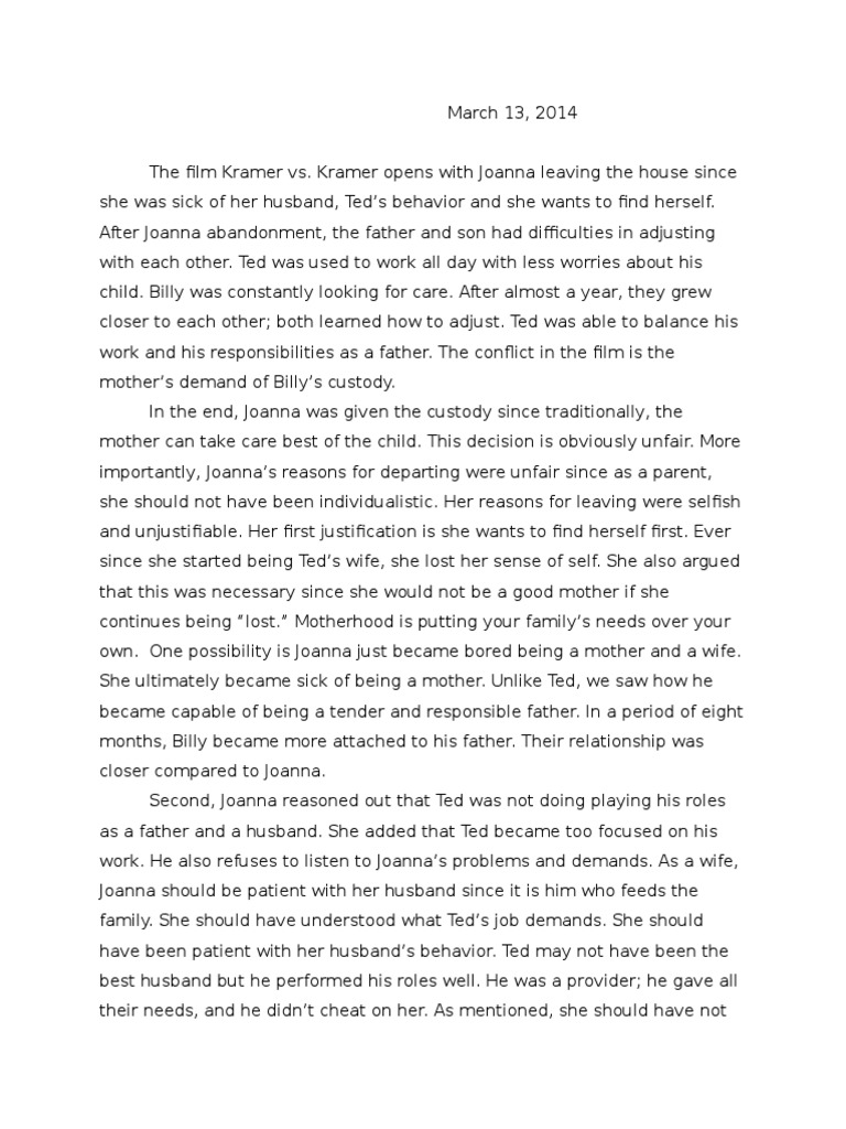 Assignment - Reflection of Movie Kramer Vs Kramer | PDF | Interpersonal Relationships | Family