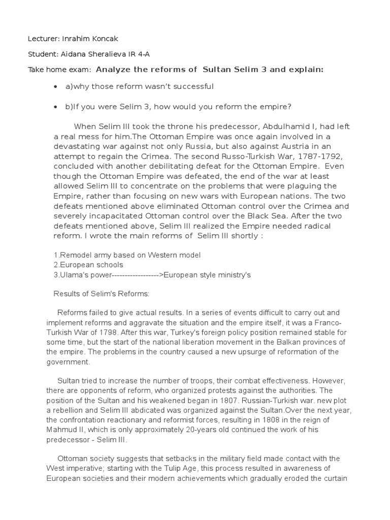 Analyze The Reforms of Sultan Selim III. International Ataturk Alatoo ...