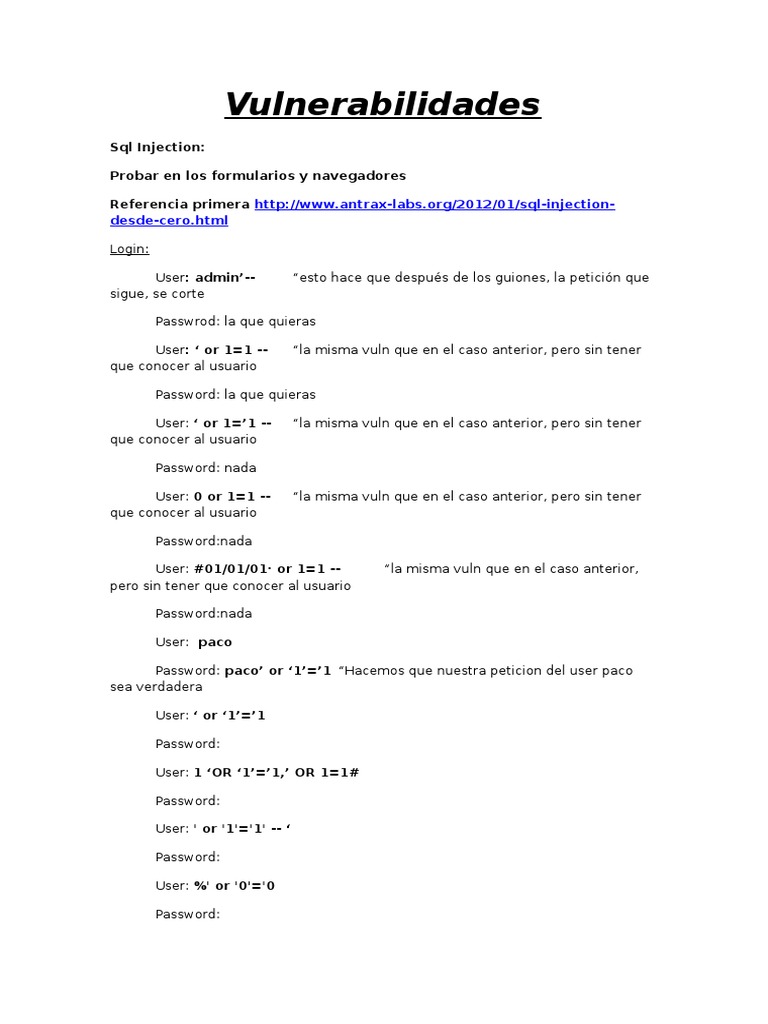 Vulnerabilidades Web Chuleta | PDF | Script Java | Contraseña