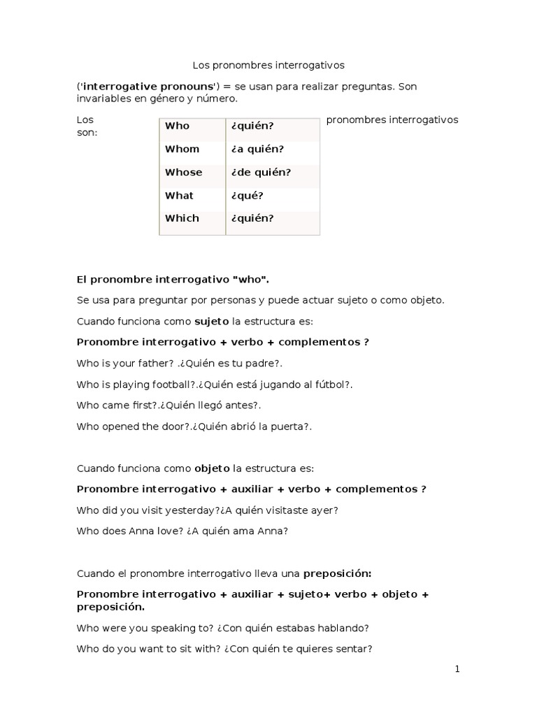 Los Pronombres Interrogativos | PDF