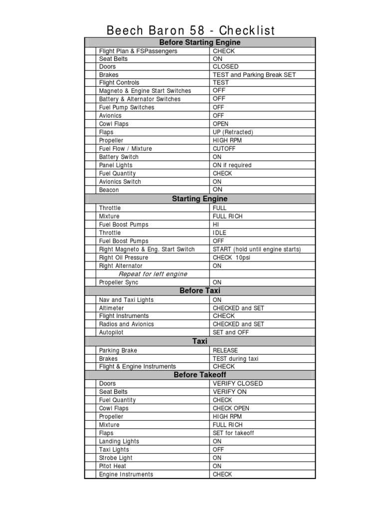 Beech_Baron58_Checklist_VAL.pdf | Flap (Aeronautics) | Takeoff