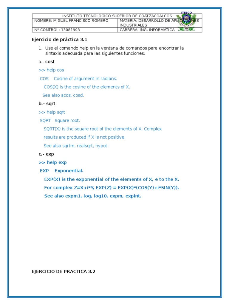 Ejercicios MATLAB para Ing. Informática | PDF | Matriz (Matemáticas) | Diferencia