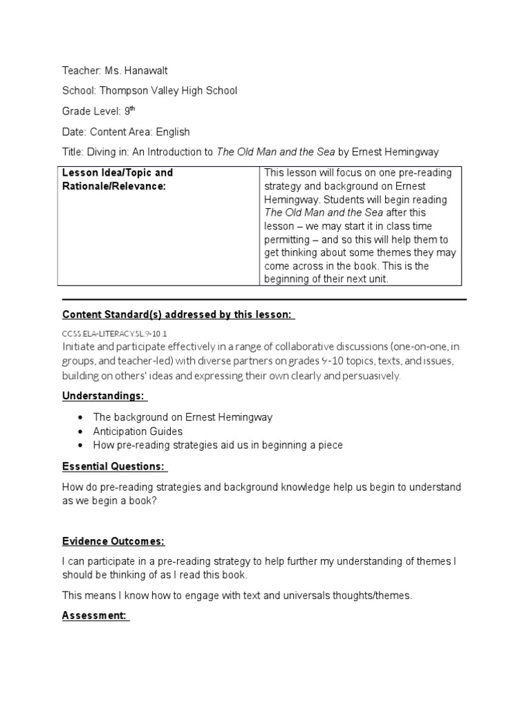 Pre-Reading Strategies for Hemingway's Novel | PDF | Lesson Plan | Pedagogy