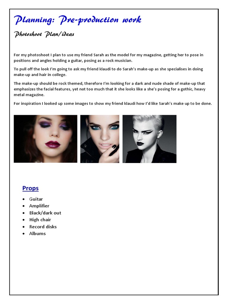 Pre Planning Photoshoot Ideas Plan | PDF