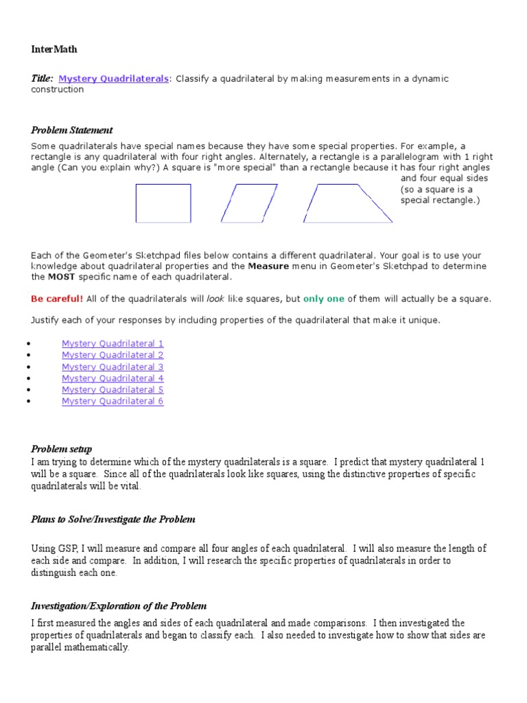 Mystery Quadrilateral | PDF | Rectangle | Elementary Geometry