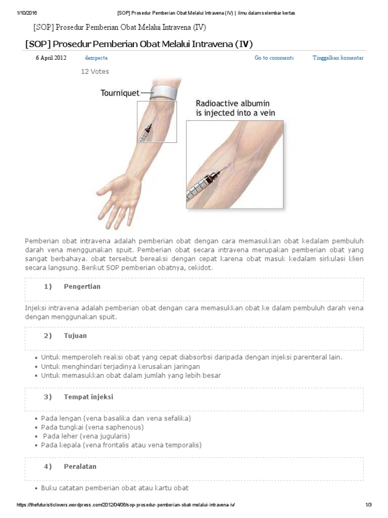 (SOP) Prosedur Pemberian Obat Melalui Intravena (IV) - Ilmu Dalam ...