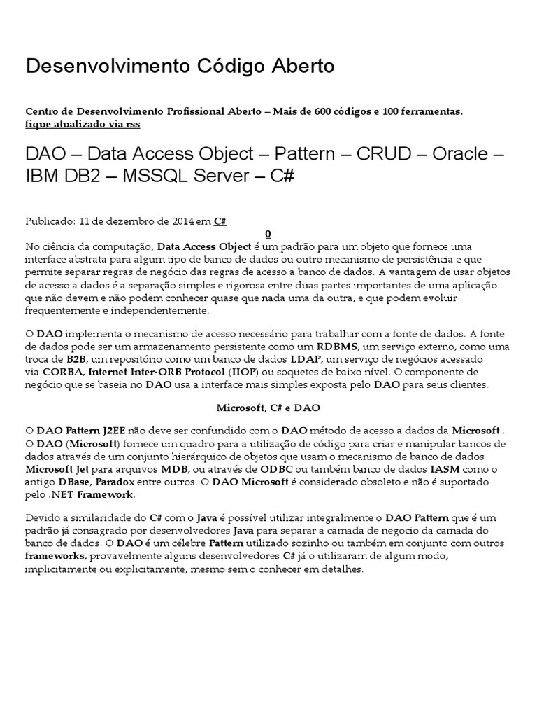 DAO - Data Access Object - Pattern - CRUD - Oracle - IBM DB2 - MSSQL Server - C# ...
