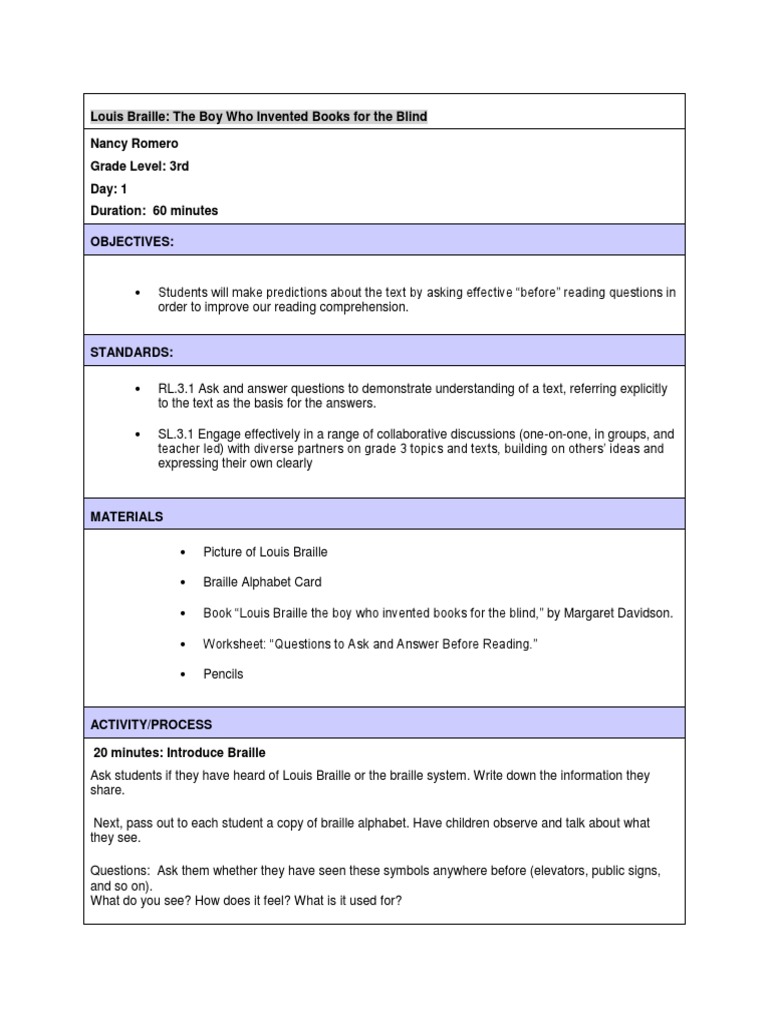 Louis Braille Lesson Plan Nancy Romero From Day 1-8 | PDF | Reading ...