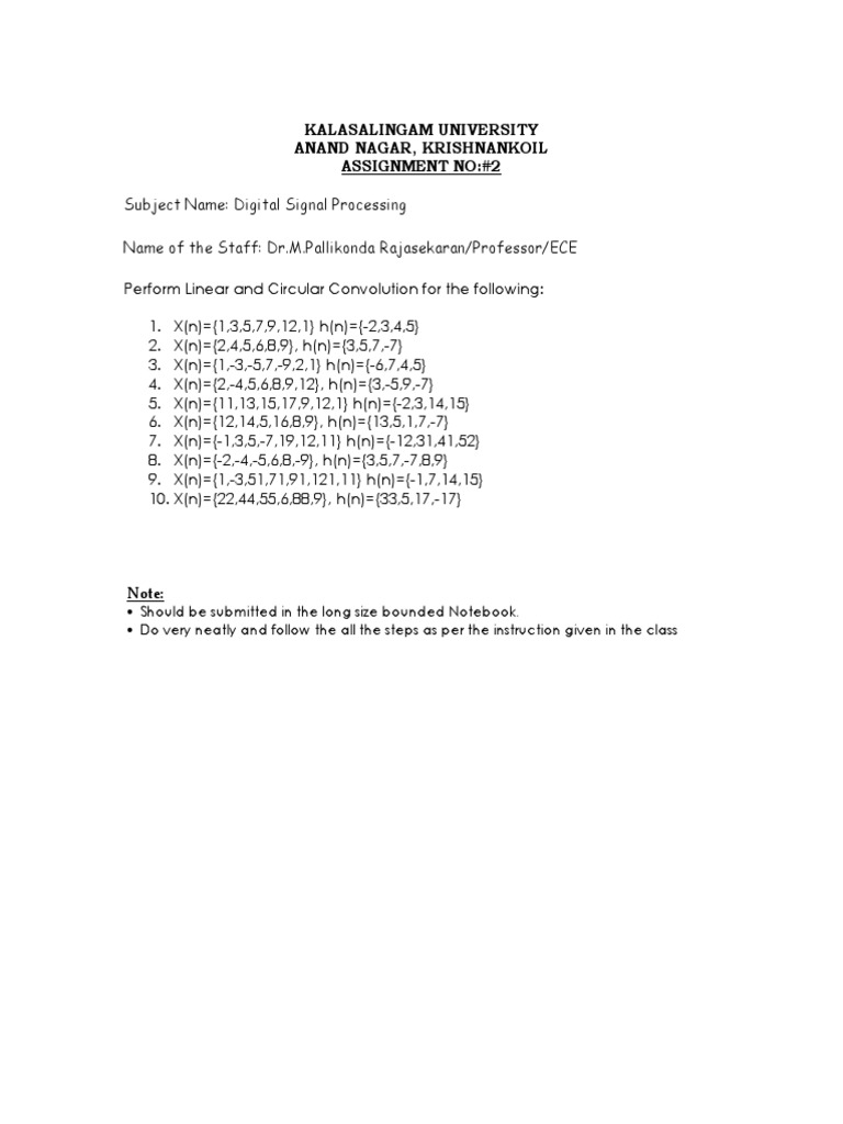 Kalasalingam University Digital Signal Processing Assignment on Linear and Circular Convolution ...