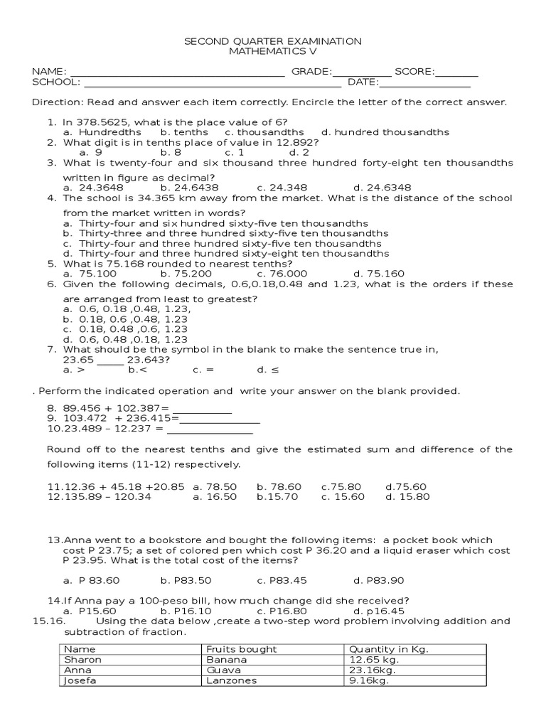 Math 5 Second Quarter Examination 2016-2017 | PDF | Ratio | Fraction ...