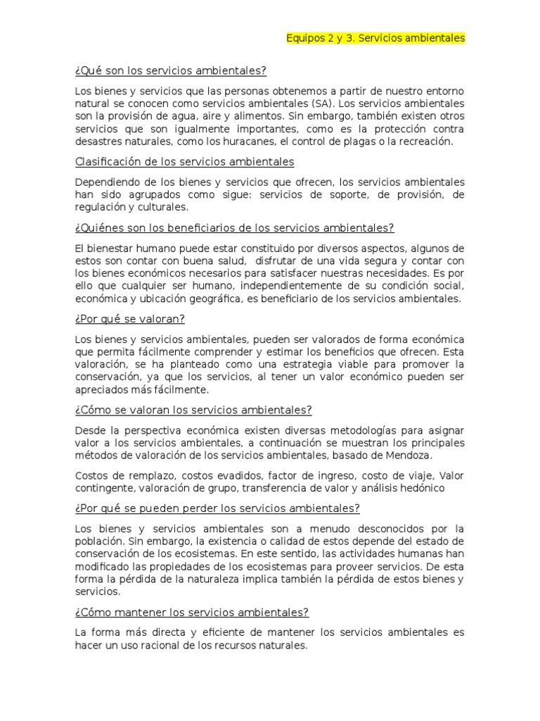Resumen. Servicios Ambientales | PDF