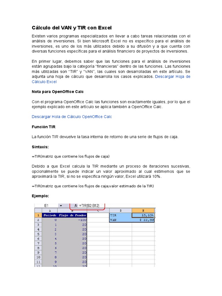 Cálculo Del VAN y TIR Con Excel | PDF | Flujo de efectivo | Microsoft Excel